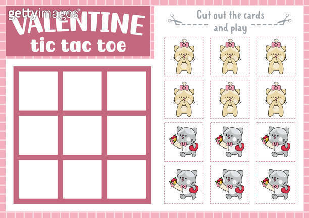 Vector Saint Valentine tic tac toe chart with cat couple. Kawaii board ...