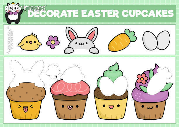 Vector Easter cut and glue activity. Crafting game with cute kawaii cup ...