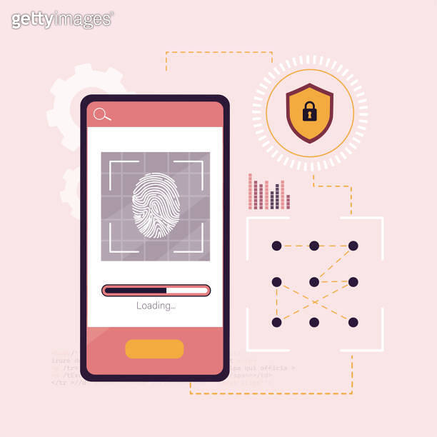 Biometric fingerprint password with padlock and shield icons. Touch ID and graphic key. Password ...