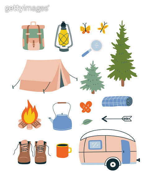 Camping vector set. Cute camping clipart on white background. Tent ...