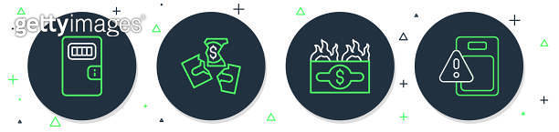 Set line Tearing money banknote, Burning dollar bill, Prison cell door and Global economic ...