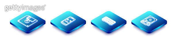 Set Isometric line Floppy disk, Dead mobile, Retro flip clock and Hard drive HDD sync refresh ...