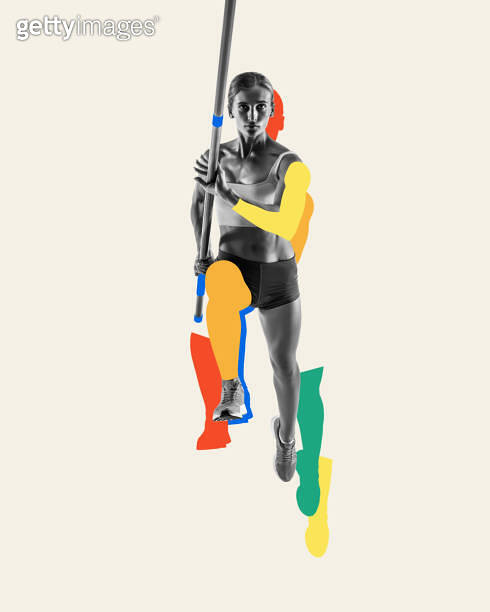 Focused athletic woman in motion, pole vaulter running and getting ...