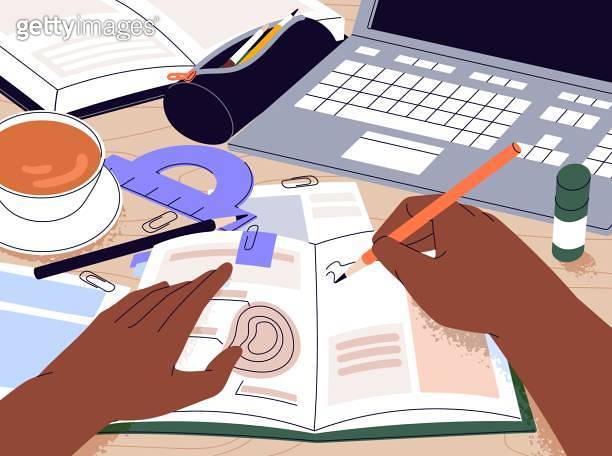 Student takes notes, writes in notebook, prepares to exams. Pupil does ...