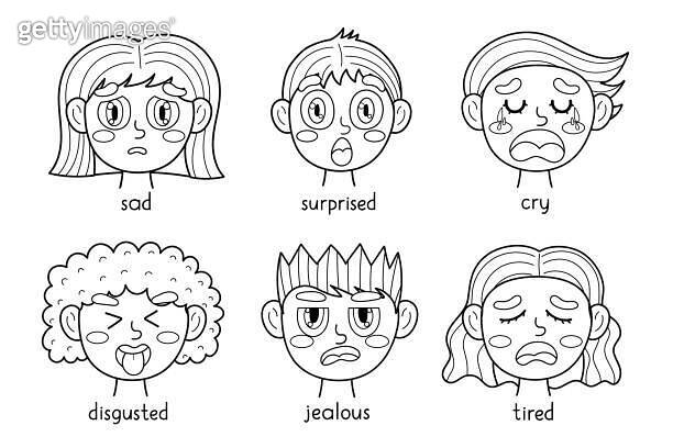 Kids emotions faces black and white collection. Different emotional ...