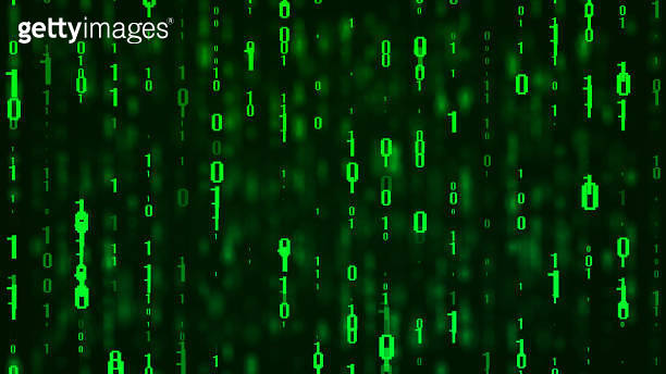 Green matrix background. Stream of binary code. Falling numbers on dark backdrop. Digital ...