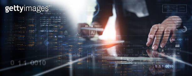 Computer programmer coding on modern computer with AI Artificial Intelligence. Data science ...