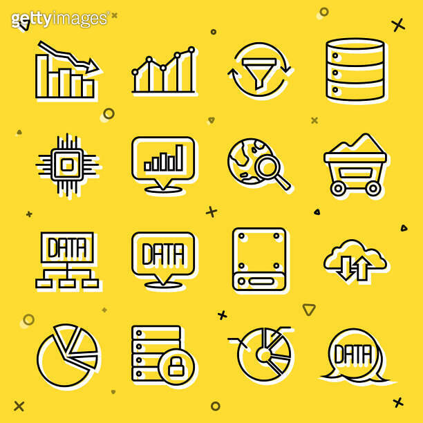 Set line Data analysis, Cloud download and upload, Coal mine trolley, Sales funnel with chart ...