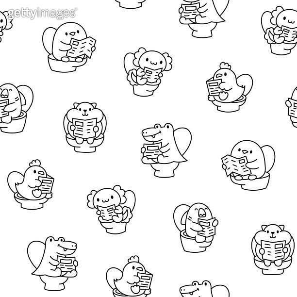 Cute animal pooping on toilet and read newspaper. Seamless pattern ...