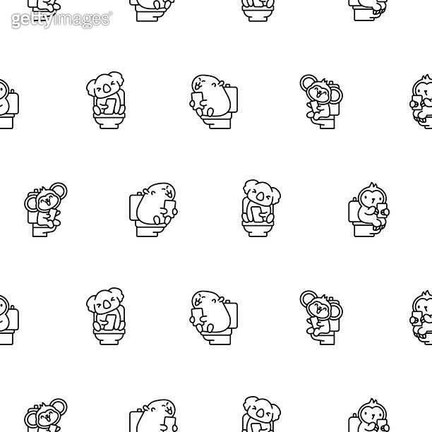Cute animal pooping on toilet with phone. Seamless pattern. Coloring ...
