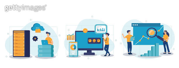 Big Data and Cloud Computing illustration set. Business characters using remote servers to ...