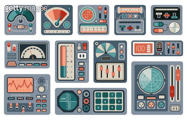 Spaceship retro controls. Vintage analog dashboard with dials indicators and gauges, old ...