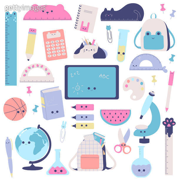Hand drawn set of school supplies characters with smiling faces in ...