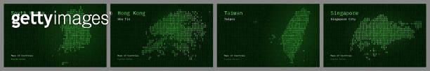 Four Asian Tigers map set. South Korea, Singapore, Hong Kong and Taiwan Shown in Binary Code ...