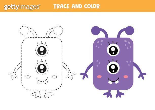 Trace and color cute cartoon purple monster. Worksheet for children ...
