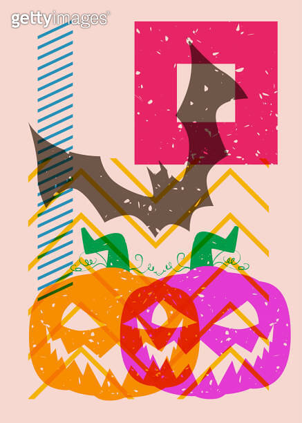 Risograph Jack O' Lantern and bat with geometric shapes. Halloween ...