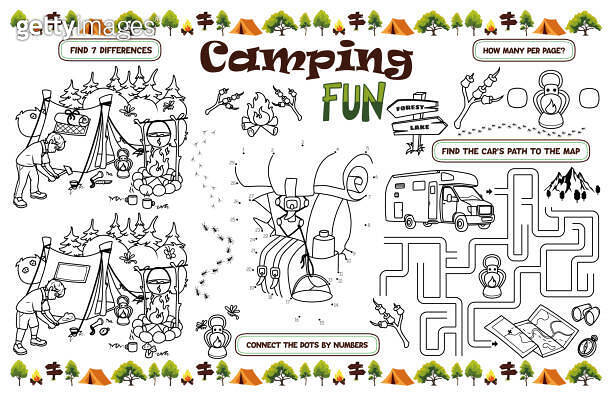Printable sheet "Camping fun" with a labyrinth, connect the dots, and a ...