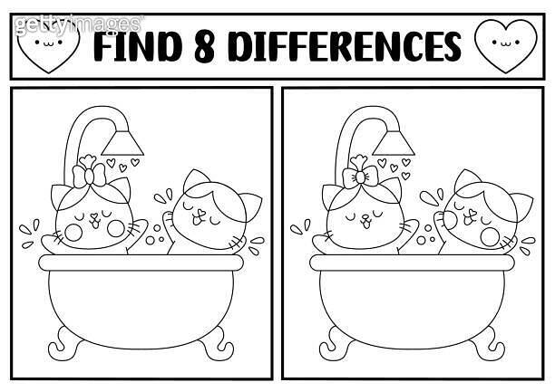 Saint Valentine kawaii black and white find differences game. Attention ...