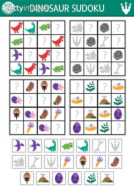Vector dinosaur sudoku puzzle for kids with pictures. Simple ...