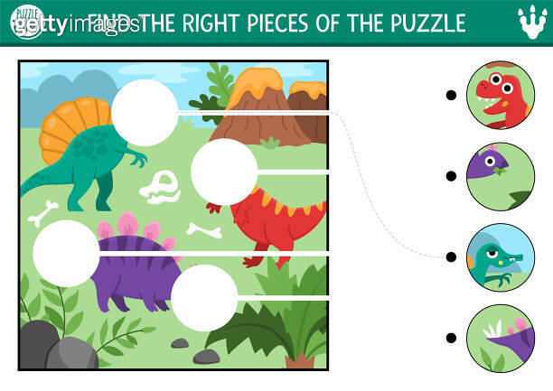 Dinosaur matching activity with T-rex, spinosaurus, stegosaur, volcano ...