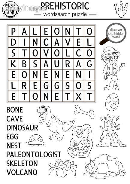 Vector black and white dinosaur wordsearch puzzle for kids. Word search ...