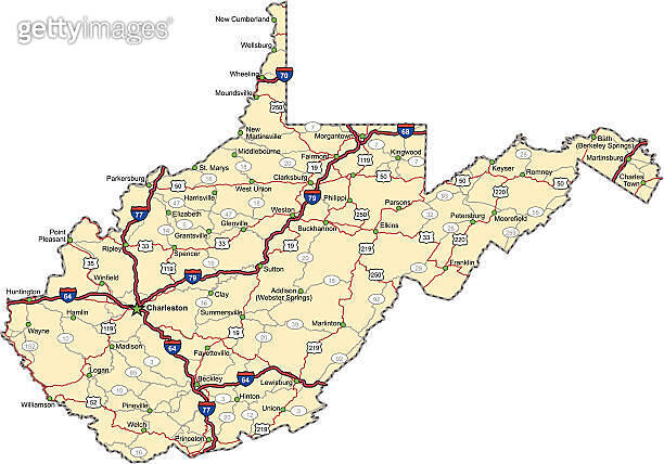 West Virginia Highway Map (vector) (157461592) 일러스트, 무료 일러스트 - 게티이미지뱅크