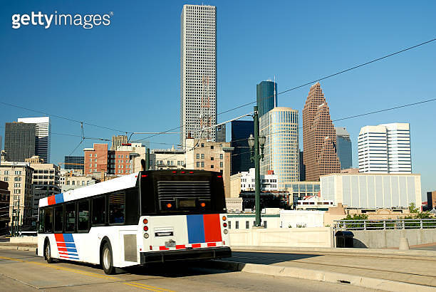 Metro Bus Going Into Downtown Houston Modern City Skyline Skyscrapers ...