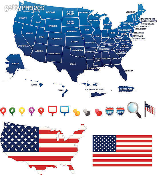 USA map with its territories and GPS icons 이미지 (166080416) - 게티이미지뱅크