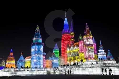 HARBIN-CHINA, Illuminated buildings of ice blocks at Harbin Ice ...