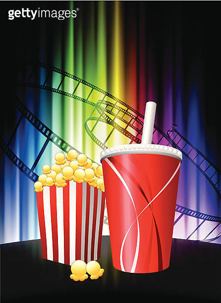 Popcorn and Soda on Abstract Spectrum Background with Film Reel 이미지 ...