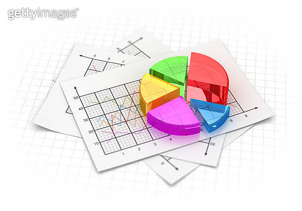 A colorful pie chart against a pile of graphs 이미지 (155375441) - 게티이미지뱅크