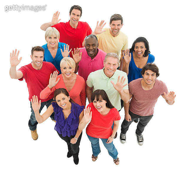 Overhead shot of a group of people waving 이미지 (180805992) - 게티이미지뱅크