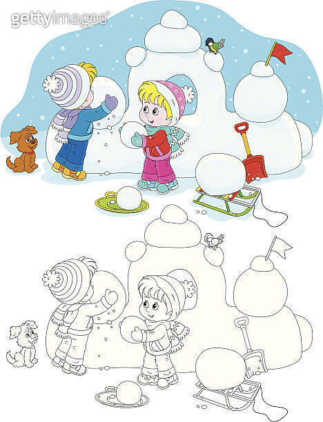 Children building a snow fort 이미지 (461120239) - 게티이미지뱅크
