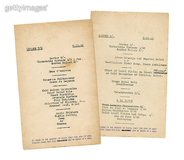 Two World War II hotel restaurant menu cards 이미지 (176207614) - 게티이미지뱅크