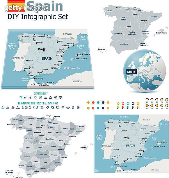 Spain maps with markers (176598407) - 게티이미지뱅크