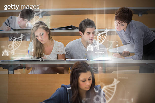 Students using futuristic interface to learn about science from tablet ...