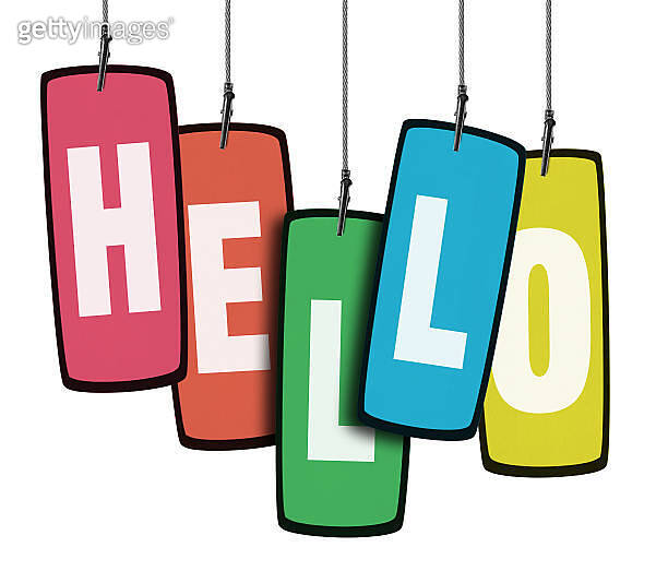 Colorful Hello Tag in Wire Clamp 4 (Clipping Path) 이미지 (186803593) - 게티 ...