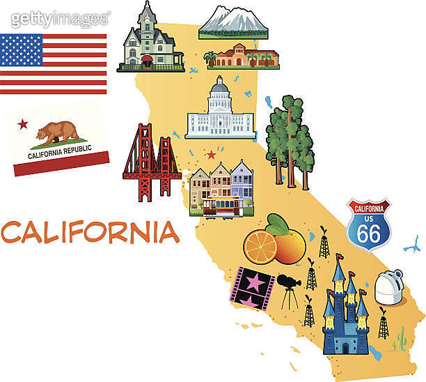 Cartoon map of California 이미지 (454273679) - 게티이미지뱅크