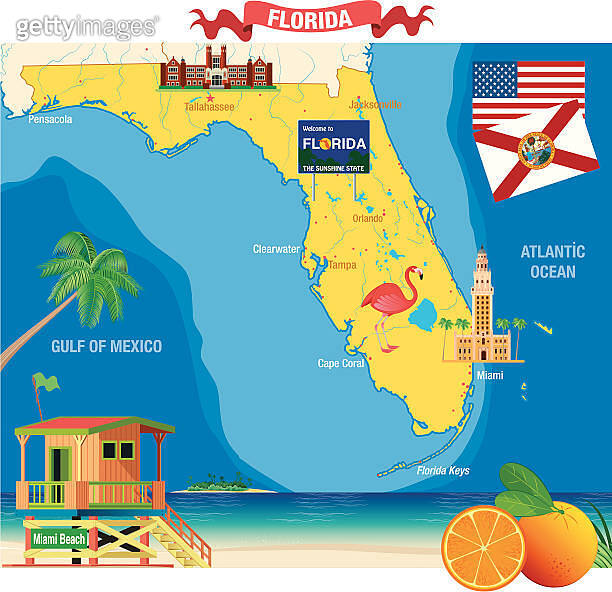 Cartoon map of Florida (177027879) 일러스트, 무료 일러스트 - 게티이미지뱅크