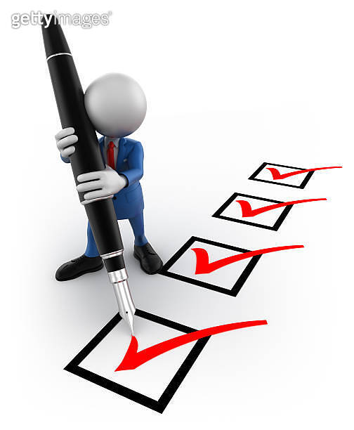3d Businessman ticking boxes with big pen, isolated/clipping path ...