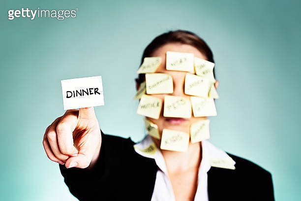 Multitasking woman with label reading DINNER. Date or another task? 이미지 ...