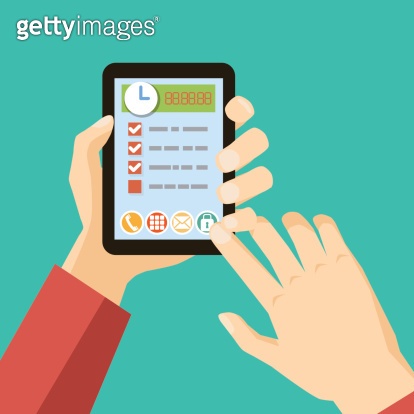 time management concept - hands holding tablet vector 이미지 (465987053 ...