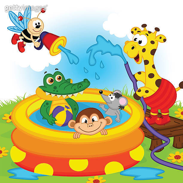 animals in inflatable pool 이미지 (530456809) - 게티이미지뱅크