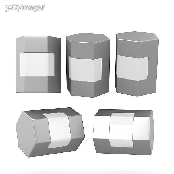 Silver hexagon box packaging with clipping path 이미지 (516217765) - 게티이미지뱅크