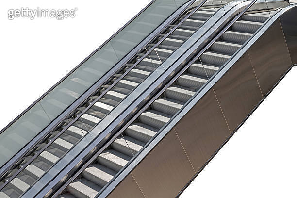 Close up escalator, side view on white background 이미지 (524150331) - 게티이미지뱅크
