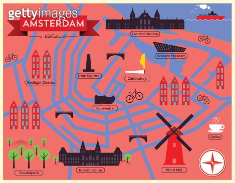 City Map Illustration of Amsterdam. Landmarks and Vector Map Icons. 이미지 ...