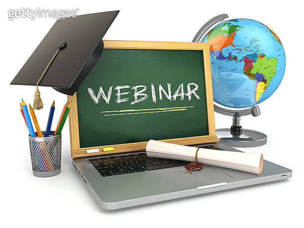 Webinar education concept. Laptop with blackboard, mortar board 이미지 ...