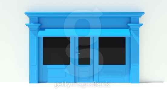 Sunny Shopfront with large windows White and blue store facade 이미지 ...