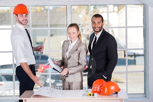 Portrait of business architects. Three architects met in the off 이미지 ...