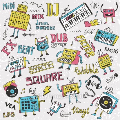 Midi controllers synthesizers doodles. Hand drawn vector illustration ...